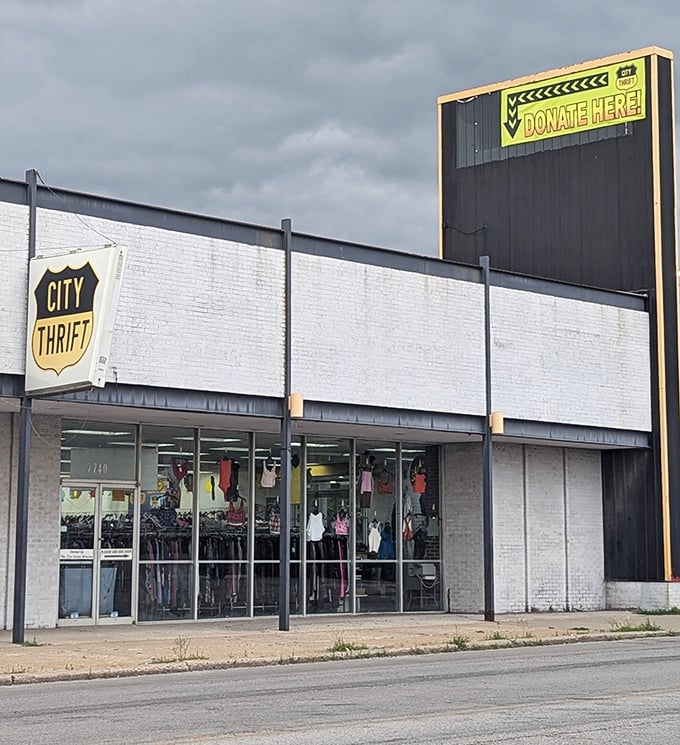 City Thrift's vintage-inspired sign stands as a beacon for savvy shoppers seeking urban treasures at rural prices.