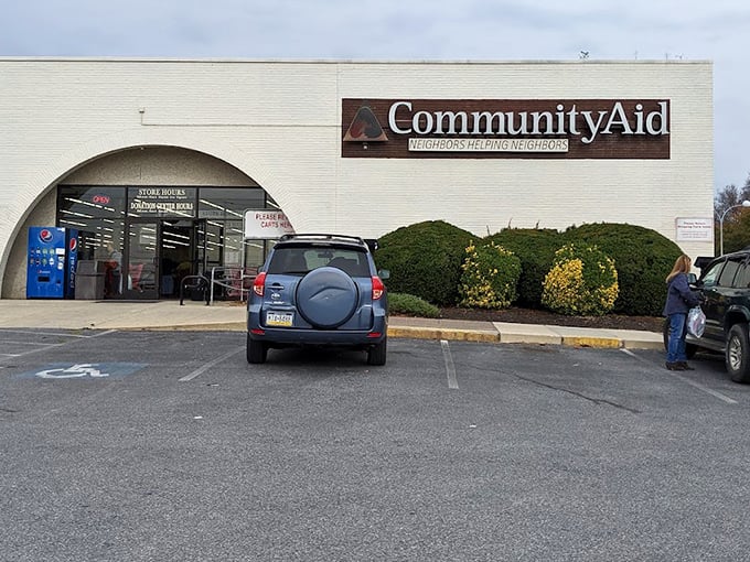 Community Aid's welcoming arch entrance – like the pearly gates for dedicated thrift shoppers.
