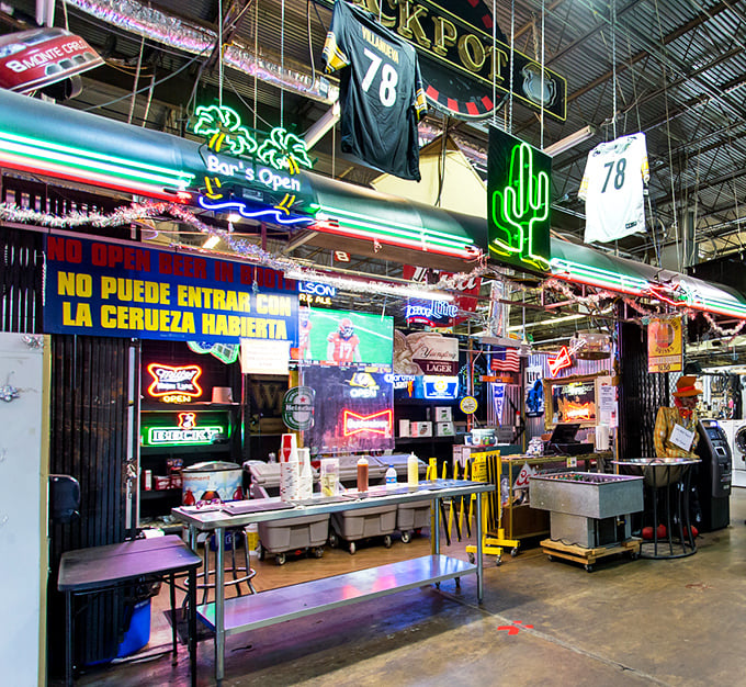 Cooks Flea Market's neon signs and food stall create that perfect sensory overload. Like Vegas for bargain hunters, but you might actually leave with more than you came with.