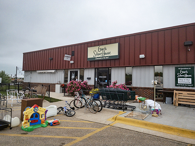 God's Storehouse's rustic red exterior houses both treasures and treats. Two-for-one shopping therapy!