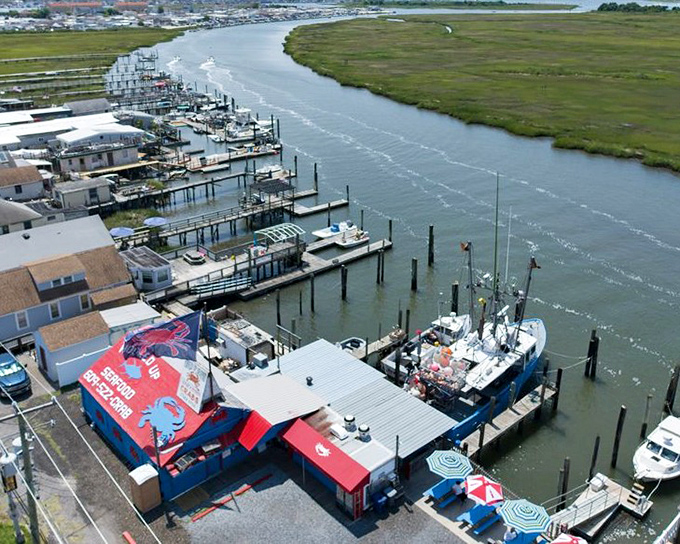 Hooked Up Seafood's bright blue shack stands out against the marina backdrop&mdash;a pop of color that promises equally vibrant flavors.