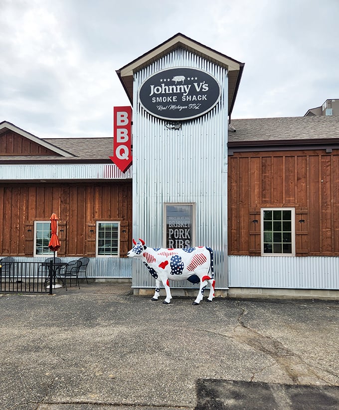 Johnny V's patriotic cow statue stands guard outside this rustic smoke shack. America the beautiful, indeed &ndash; especially when there's barbecue!