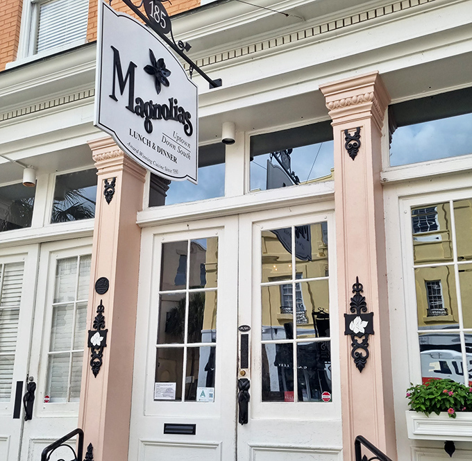 Magnolias' elegant storefront with classic columns and ornate details promises a refined take on Lowcountry cuisine.