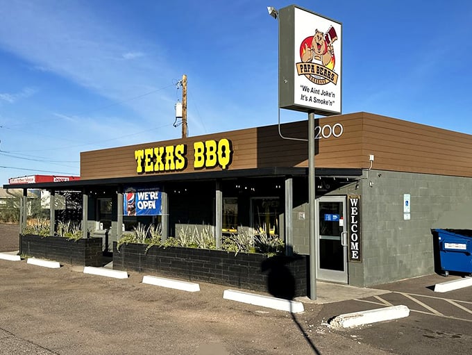 Bold yellow letters announce the mission: bringing Texas-sized flavor to the Arizona desert.