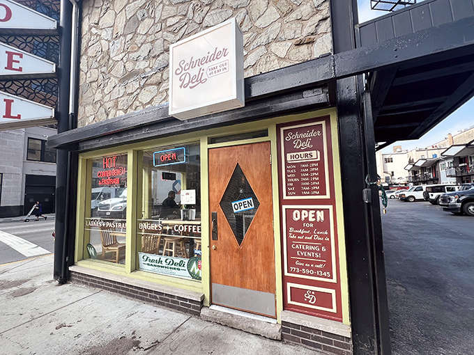 Schneider's distinctive diamond-windowed door invites you into a world of handcrafted sandwich bliss.