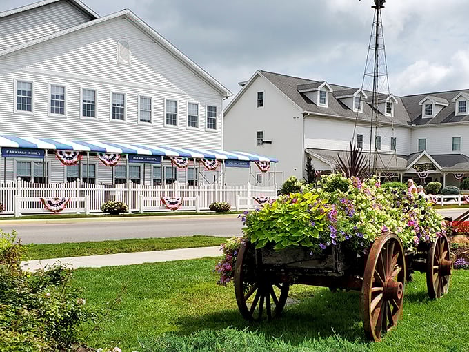Shipshewana's white buildings and patriotic bunting create a Main Street that feels like stepping into a simpler, gentler America.
