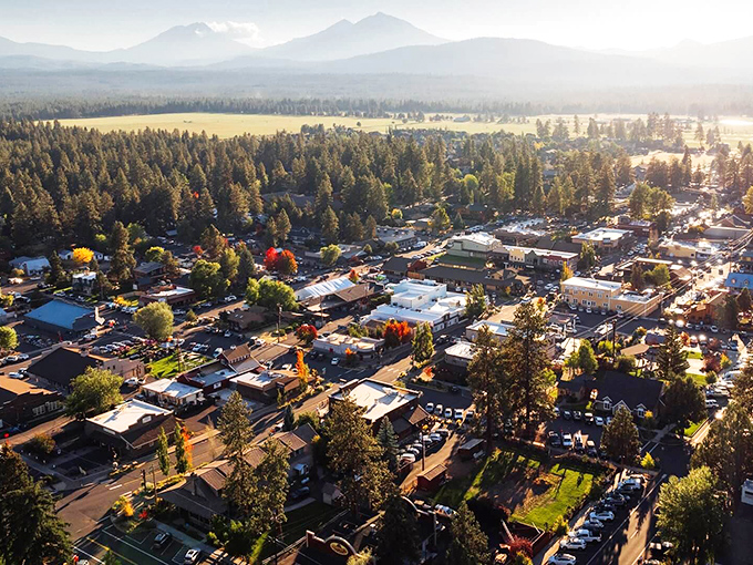 Sisters, Oregon spreads beautifully across the valley with the majestic Three Sisters mountains creating a stunning backdrop for this charming town.