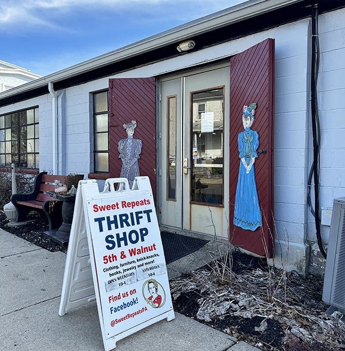 Sweet Repeats' charming entrance, complete with vintage-inspired artwork, sets the stage for a thrifting experience that feels like stepping into a quirky novel.