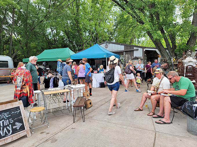 Farm-fresh finds! The Vintage Pixie Farm transforms into a shopper's paradise where coffee-clutching treasure hunters navigate a sea of canopies.