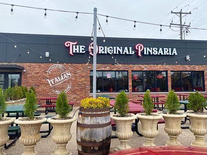 The Original Pinsaria brings ancient Roman pizza traditions to modern Bloomington. Those colorful planters add a touch of Mediterranean charm.