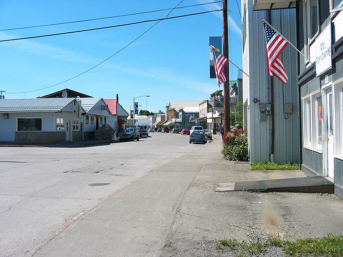 Wrangell's main street &ndash; where American flags flutter and everyone knows your coffee order before you say it.
