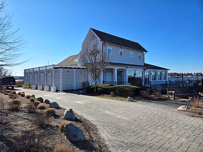 Winter sunlight bathes The Boat House in golden light, highlighting this waterfront gem where Sakonnet River views enhance every bite.