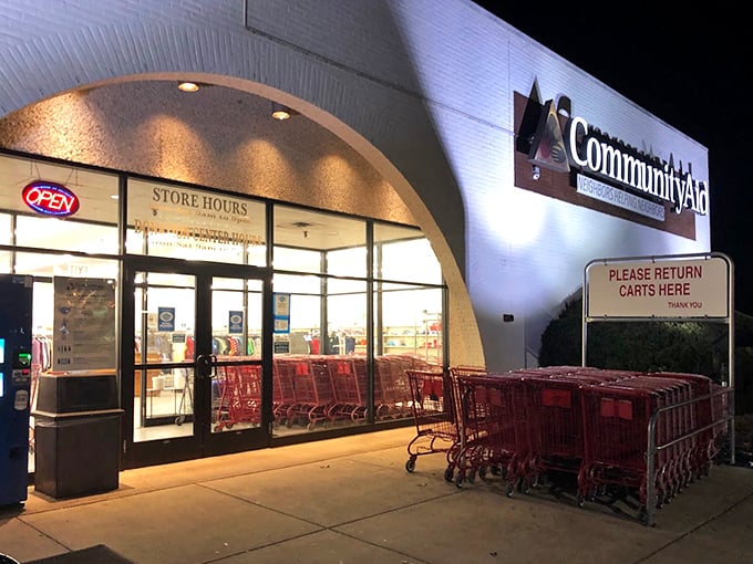 Those red shopping carts stand ready for your thrifting adventure – you'll need one for all your finds.