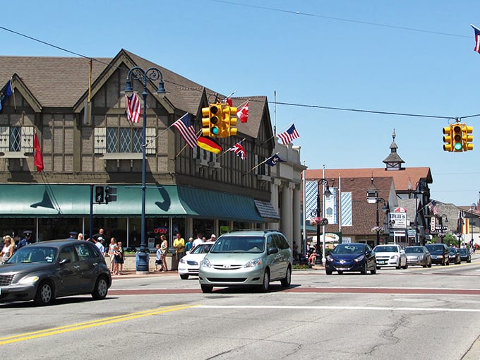The German architecture of Frankenmuth creates a storybook setting where chicken dinners are legendary and pretzels are an art form.