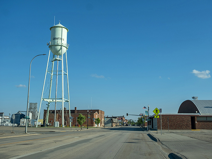 The iconic mint-green water tower stands sentinel over Grafton like a friendly giant welcoming you home.