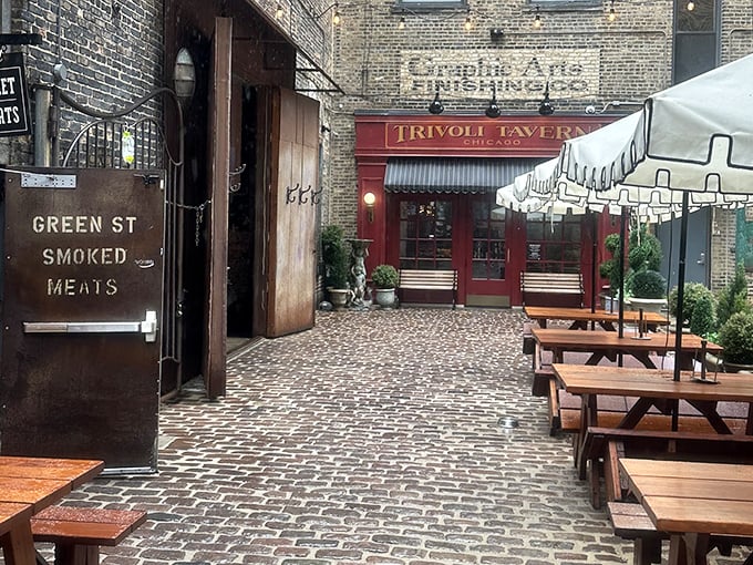 Green Street Smoked Meats (Chicago): Cobblestone courtyard dining that feels like you've stumbled into a secret BBQ society. First rule: We do talk about this BBQ.