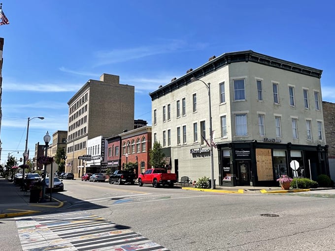 Ironton's downtown buildings stand tall against a bright blue sky, showcasing that distinctive Ohio River town character.