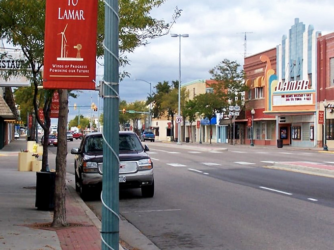 The historic Lamar Theatre sign stands as a colorful reminder of this affordable town's rich community heritage.
