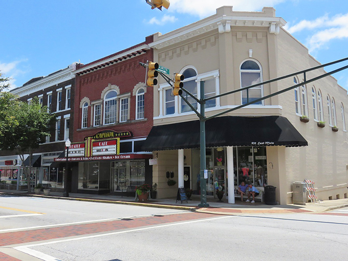 The brick buildings of Laurens stand like a timeline of architectural styles, each storefront telling a chapter of the town's continuing story.