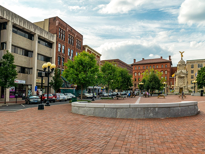 The wide, welcoming streets of New Britain invite pedestrians to explore shops and services nestled within buildings that have witnessed centuries of foot traffic.
