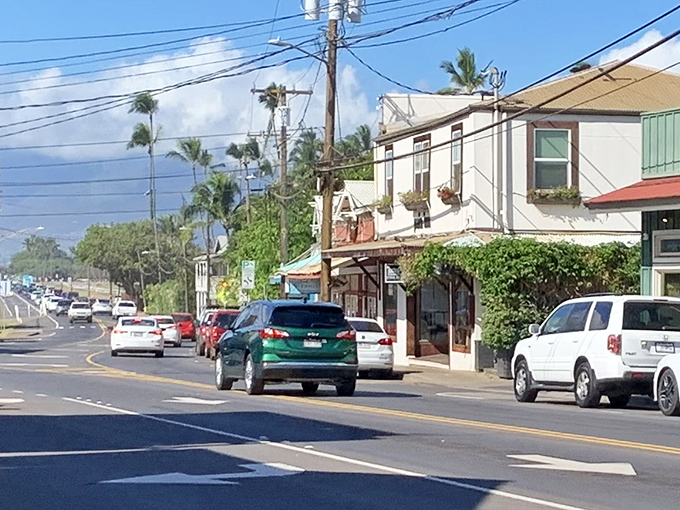 Paia&rsquo;s main street hums with small-town charm, where breezy storefronts, swaying palms, and laid-back island energy flow together beneath the bright Maui sun.