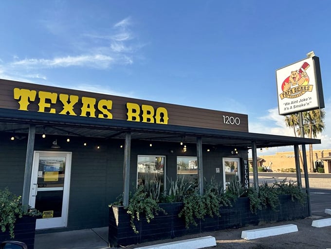 Bold &ldquo;Texas BBQ&rdquo; signage marks this unassuming roadside spot serving Lone Star&ndash;style flavor in Arizona.