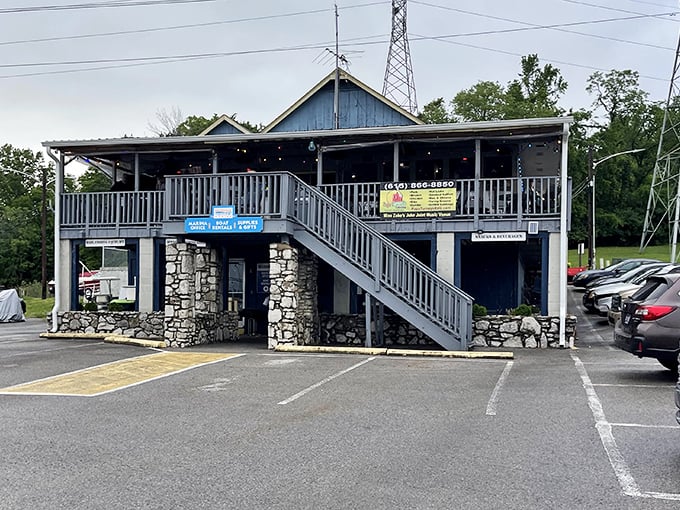 The stairway to BBQ heaven! Papa Turney's stone foundation and wraparound porch promise comfort food with a view.