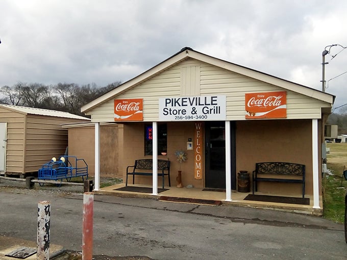 The welcoming benches invite you to "sit a spell" before or after enjoying burgers worth the drive to Scottsboro.