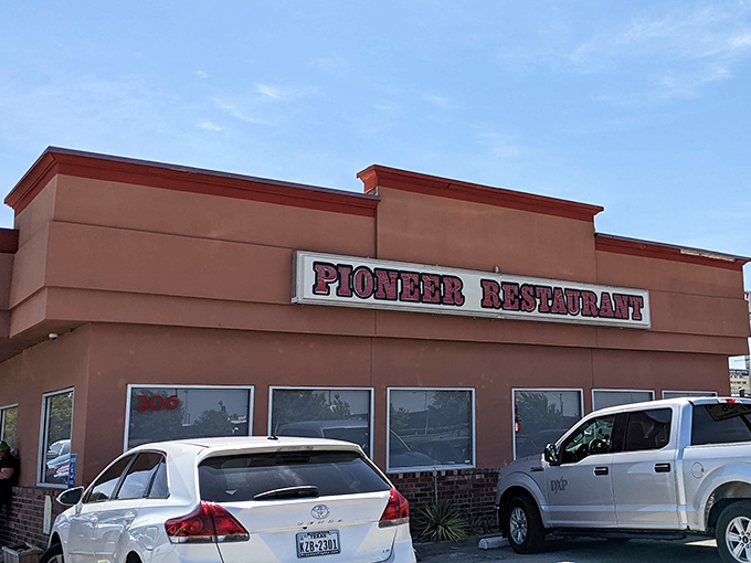 The sign may simply say "Pioneer Restaurant," but it might as well read "Home of Texas-sized portions that'll fuel your whole day."