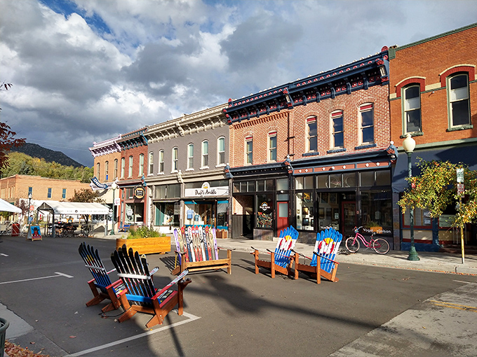 Classic main street America meets Rocky Mountain grandeur in this perfectly framed mountain vista.
