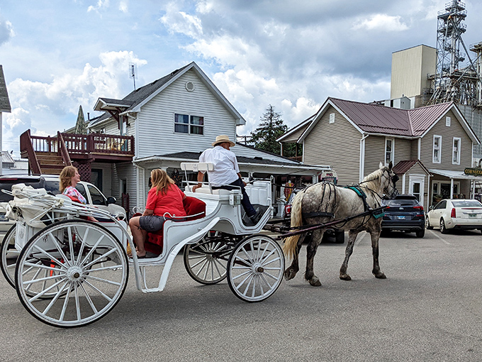 Horse-drawn carriages aren't just for tourists in Shipshewana&mdash;they're genuine transportation in a town that values tradition.
