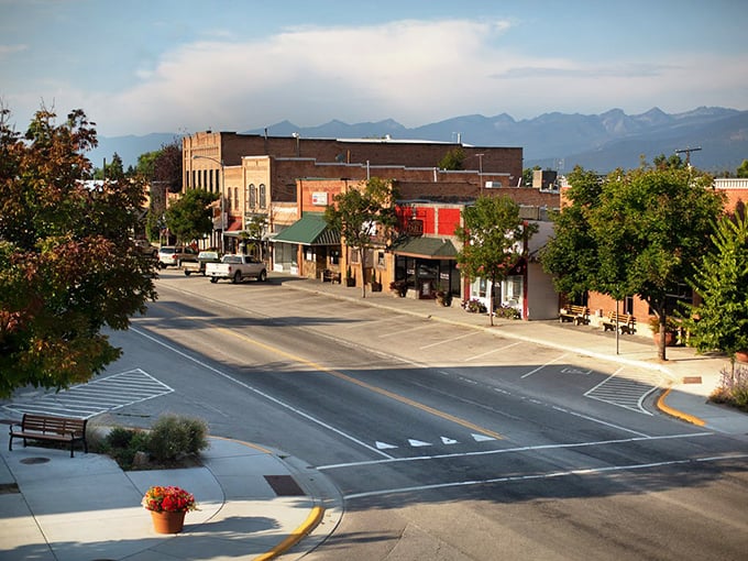 The Bitterroot Mountains create a dramatic backdrop for Stevensville's charming downtown, where rush hour means three cars at the stop sign.