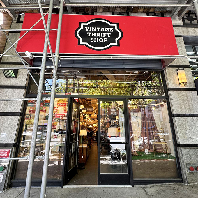 Scaffolding can't hide this gem! Vintage Thrift's storefront gleams like a beacon for budget-conscious decorators with champagne taste.