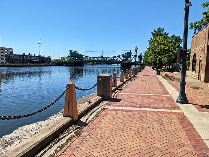 Brick-paved riverwalks invite leisurely strolls along Joliet's waterfront, where industrial history meets modern relaxation opportunities.