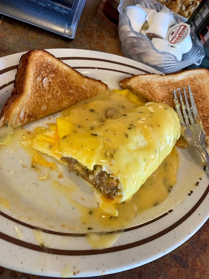 Breakfast nirvana achieved: a perfectly executed omelet smothered in cheese sauce with toast standing by, ready for the dipping duties ahead.