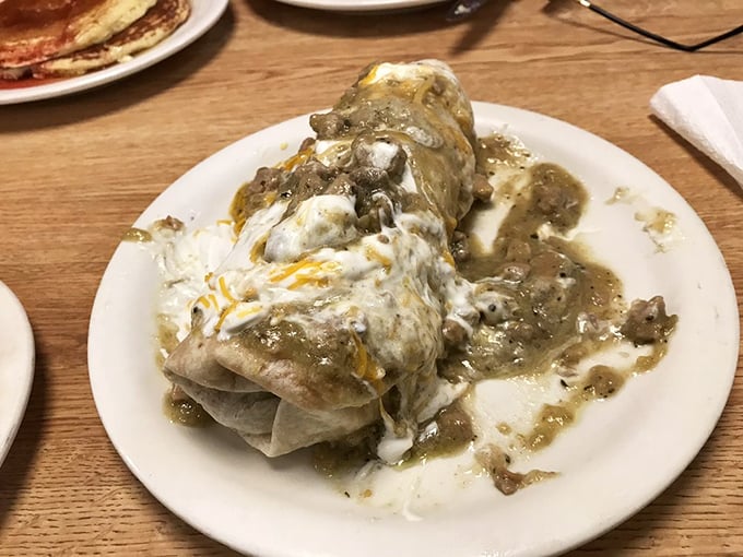 Breakfast burritos should be judged by their sauce-to-filling ratio, and this smothered masterpiece passes with flying, delicious colors.