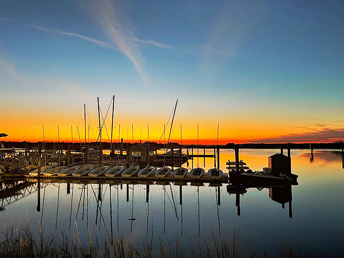 Sunset transforms Brunswick's marina into a masterpiece that no cruise ship buffet view could ever match, regardless of what you paid.