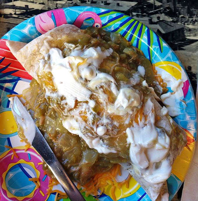 The breakfast burrito smothered in green chile sauce is what breakfast dreams are made of—a perfect marriage of eggs, cheese, and just-right spice.