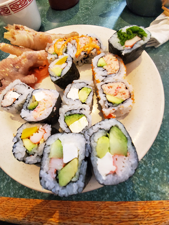 California rolls and avocado maki offer a cool, refreshing counterpoint to the hot dishes&mdash;sushi that satisfies without pretension.
