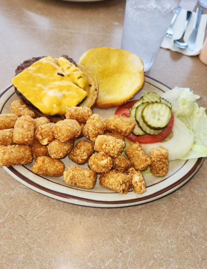 The cheeseburger and tater tots combo &ndash; proof that sometimes the simplest pleasures are the most satisfying. Notice the perfect cheese melt!
