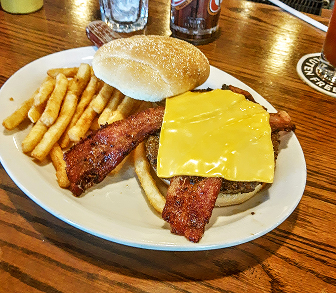 A proper Iowa cheeseburger: where the cheese melts just right and bacon makes everything better, as nature intended.