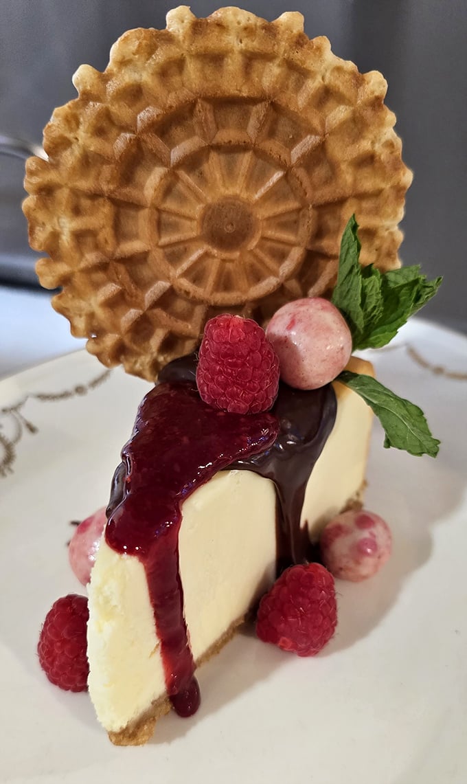 Cheesecake elevated to an art form, with a waffle crown that would make Marie Antoinette say, "Forget the cake, let them eat this!"