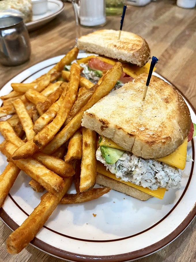 Chicken salad sandwich with fries proves that lunch at a breakfast place is never a consolation prize, just a different victory.