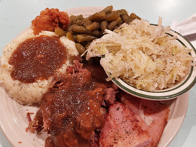 A plate that tells Missouri's story&mdash;slow-cooked brisket, green beans, and hash browns sharing space in perfect harmony.