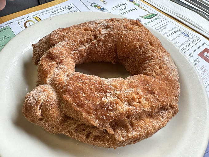 The cinnamon donut that launched a thousand road trips. Crispy, sugar-dusted exterior giving way to cake-like perfection.