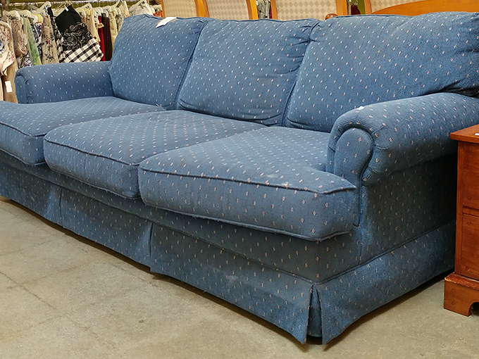 That blue sofa has stories to tell. For the price of a fancy dinner, you could be listening to them in your living room tonight.
