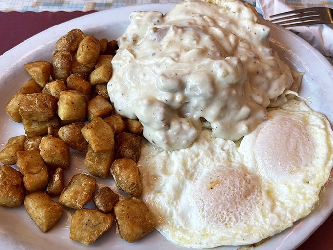 When breakfast comes with its own zip code&mdash;eggs, potatoes, and gravy creating a delicious topographical map of flavor.