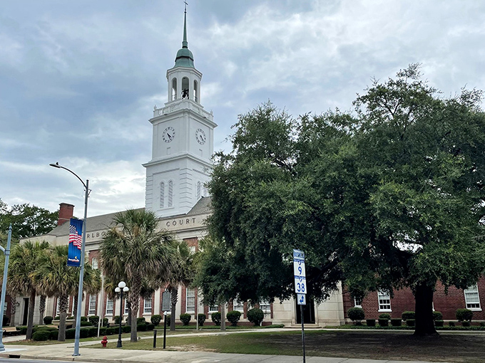 The courthouse clock tower stands tall, keeping time for a town where nobody's in much of a hurry anyway.