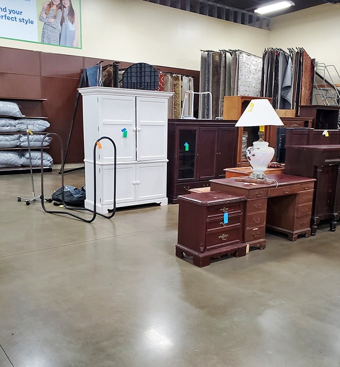 Solid wood furniture with character stands ready for adoption. That mahogany desk has probably seen more history than your history teacher.