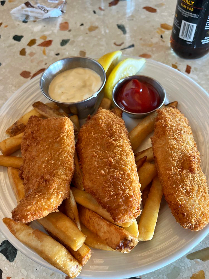 Fish and chips that would make a British pub jealous. Golden panko-crusted perfection with fries that deserve their own fan club.